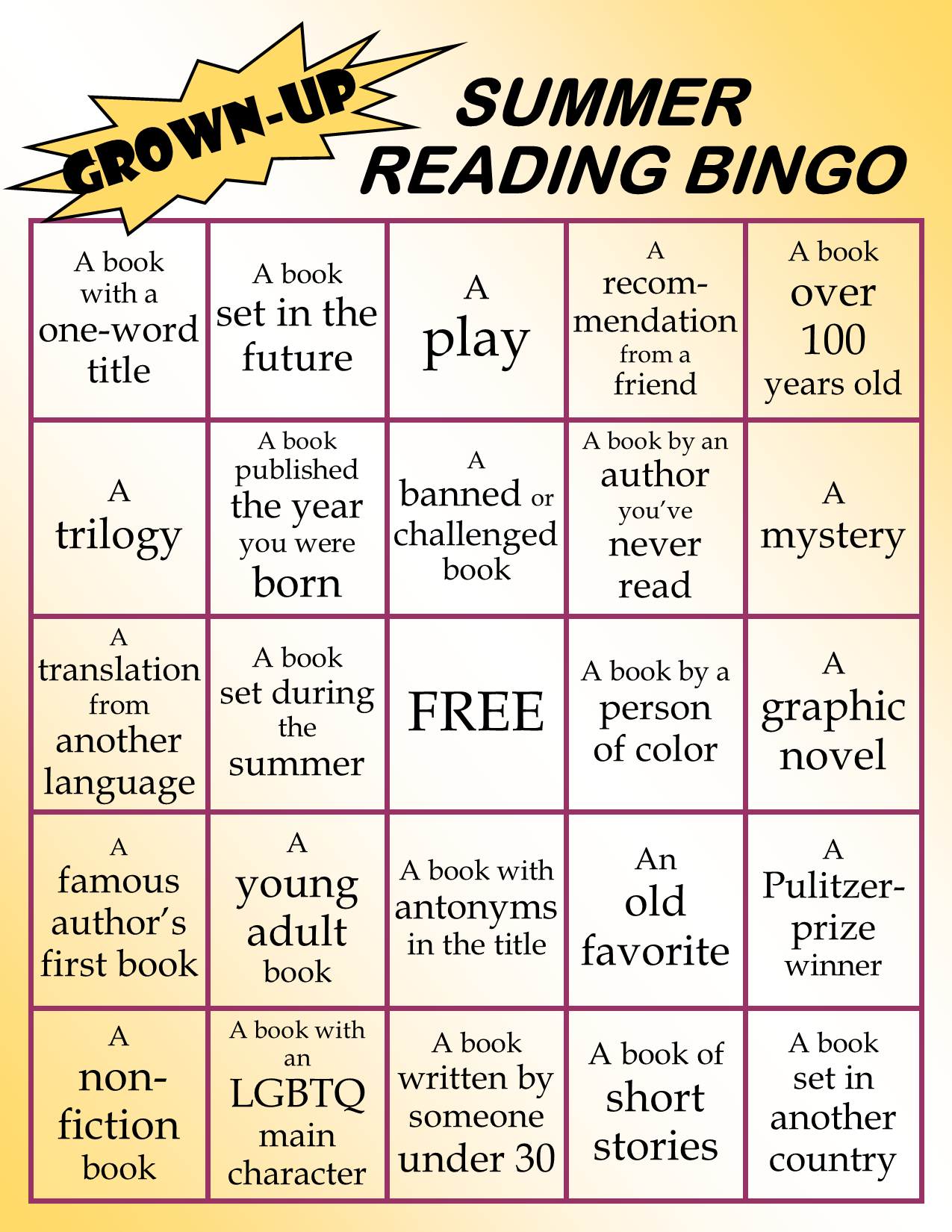 Grown Up Summer Reading Bingo Blue Hill Public Library